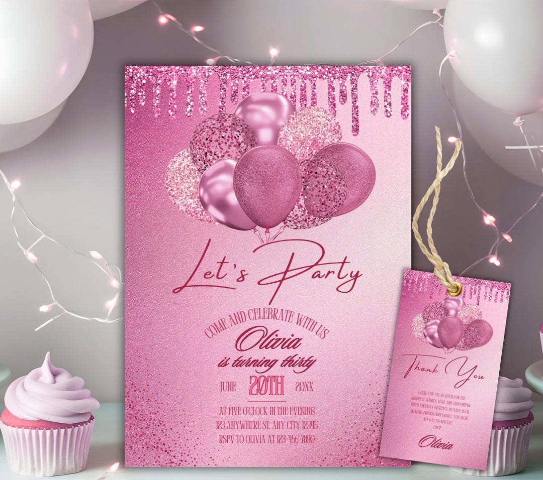 Digital Let's Party Pink Glitter Balloons Birthday Party Invitation ...