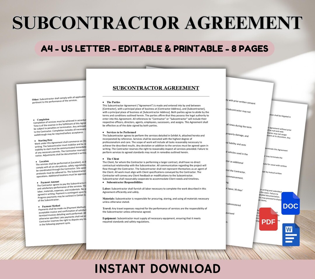 Editable Subcontractor Agreement Template, Subcontractor Contract Form ...