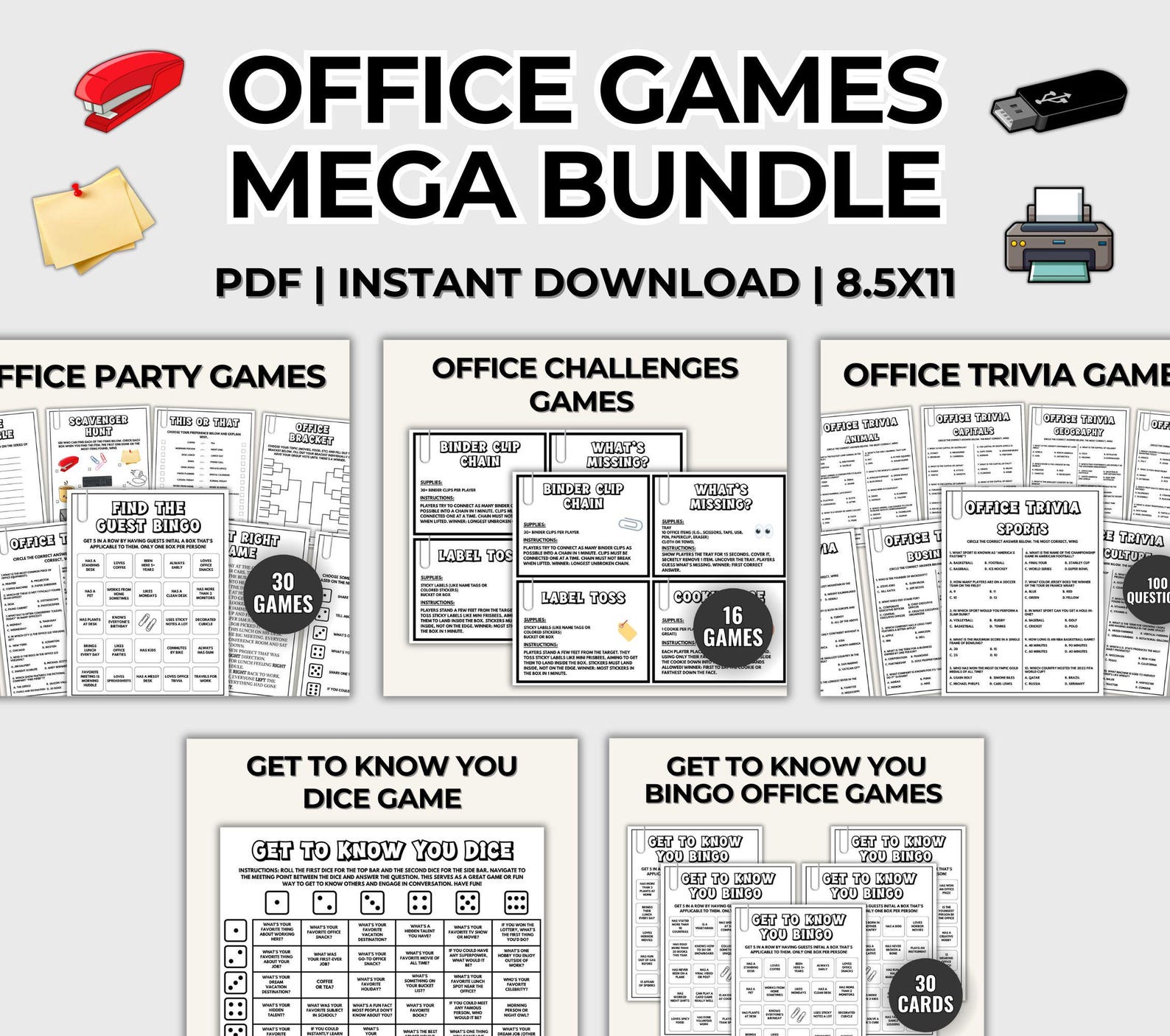 Office Party Games Bundle, Office Games for Work Printable, Happy Hour ...