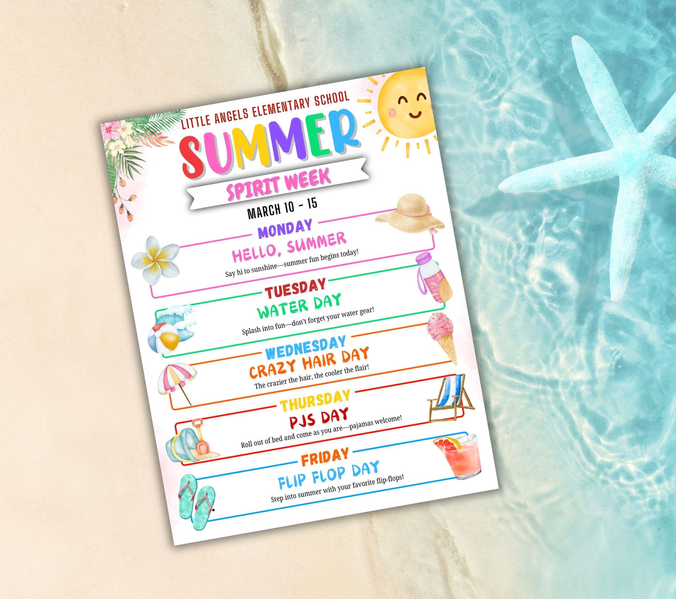 Editable Summer School Spirit Week Flyer, PTO Schedule, Summer ...