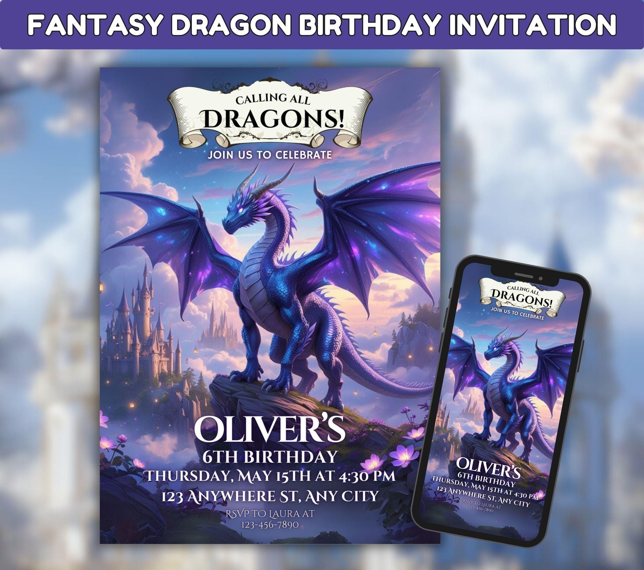 Fantasy Dragon Birthday Invitation Template, Girl Dragon Theme Birthday ...