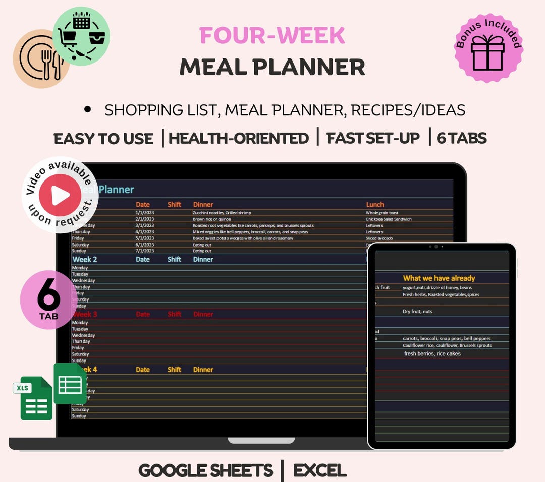 Weekly Meal Planner Google Sheets, Food Journal, Meal Plan Template ...