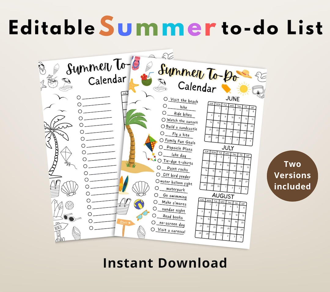Editable Summer Calendar Poster, Printable Summer Fun Bucket List ...