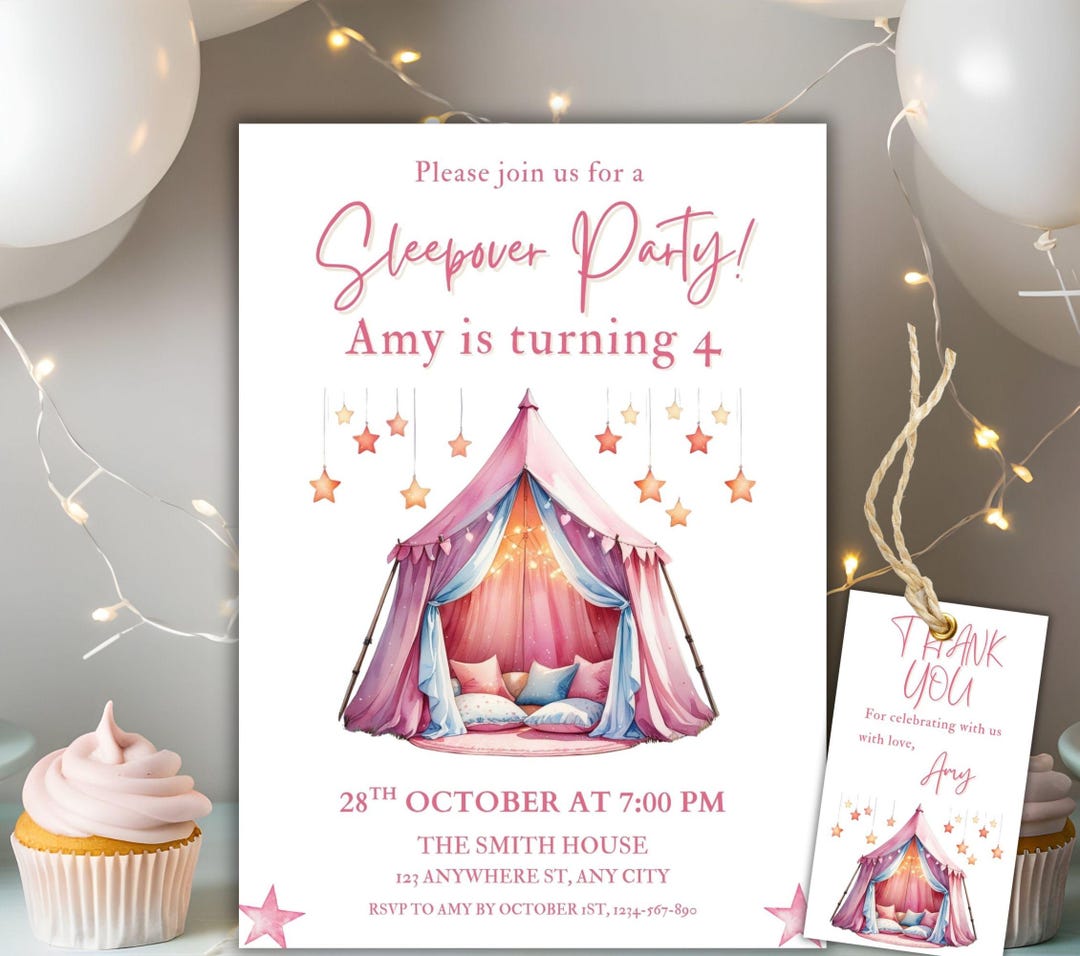 Sleepover Birthday Minimalist Invitation Template Editable Slumber ...