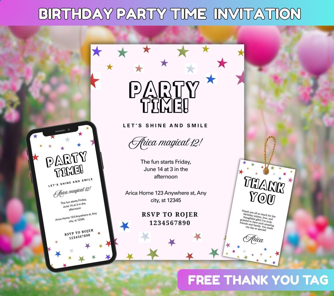 Colorful Stars Birthday Party Time Invitation Template, Editable ...