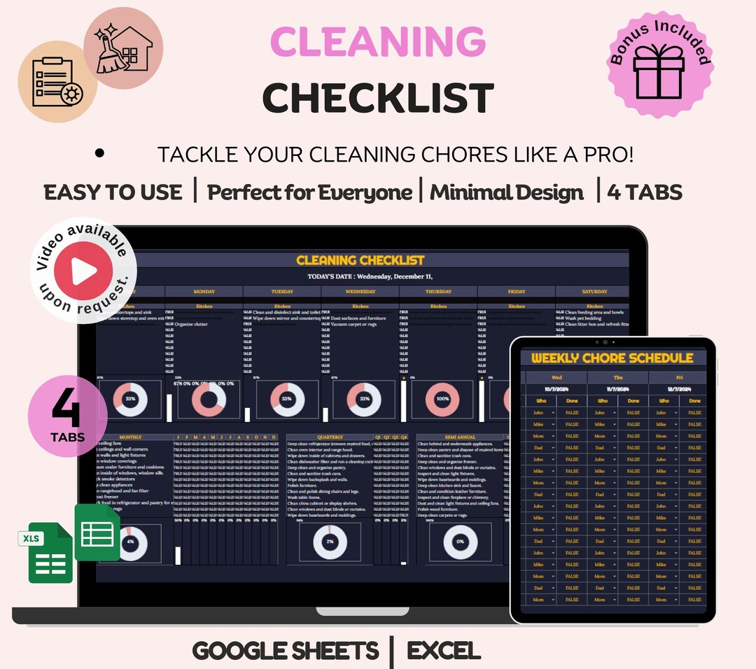 Cleaning Checklist Excel Spreadsheet Google Sheet, Cleaning Schedule ...