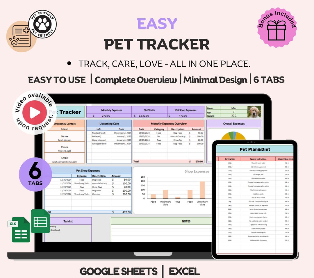 Pet Care Spreadsheet Excel, Organize Your Pet's Life, Essential for Pet ...