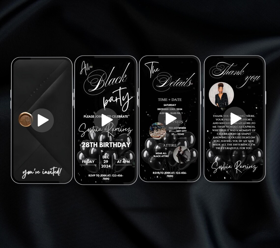 Digital All Black Birthday Party Invitation, Birthday Dinner, Birthday ...