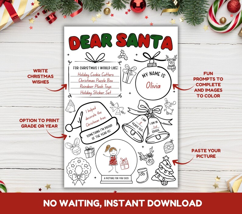 Printable Letter to Santa Template, Kids Christmas Coloring Activity ...