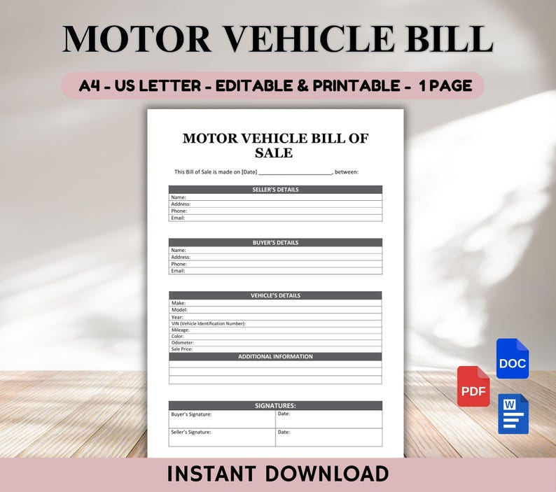 Editable Vehicle Bill of Sale Template, Printable Car Sale Agreement ...