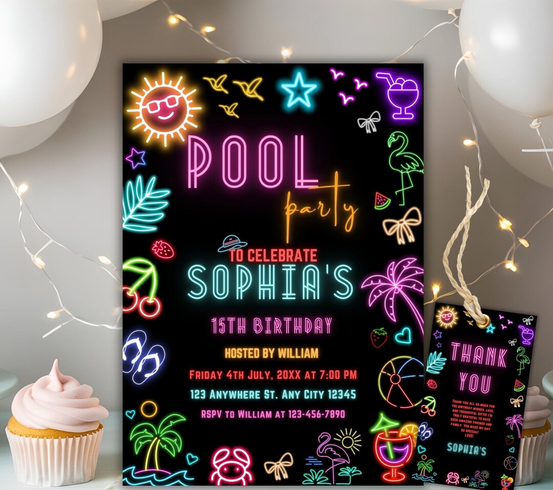 Neon Pool Party Birthday Invitation Template, Summer Pool Party ...