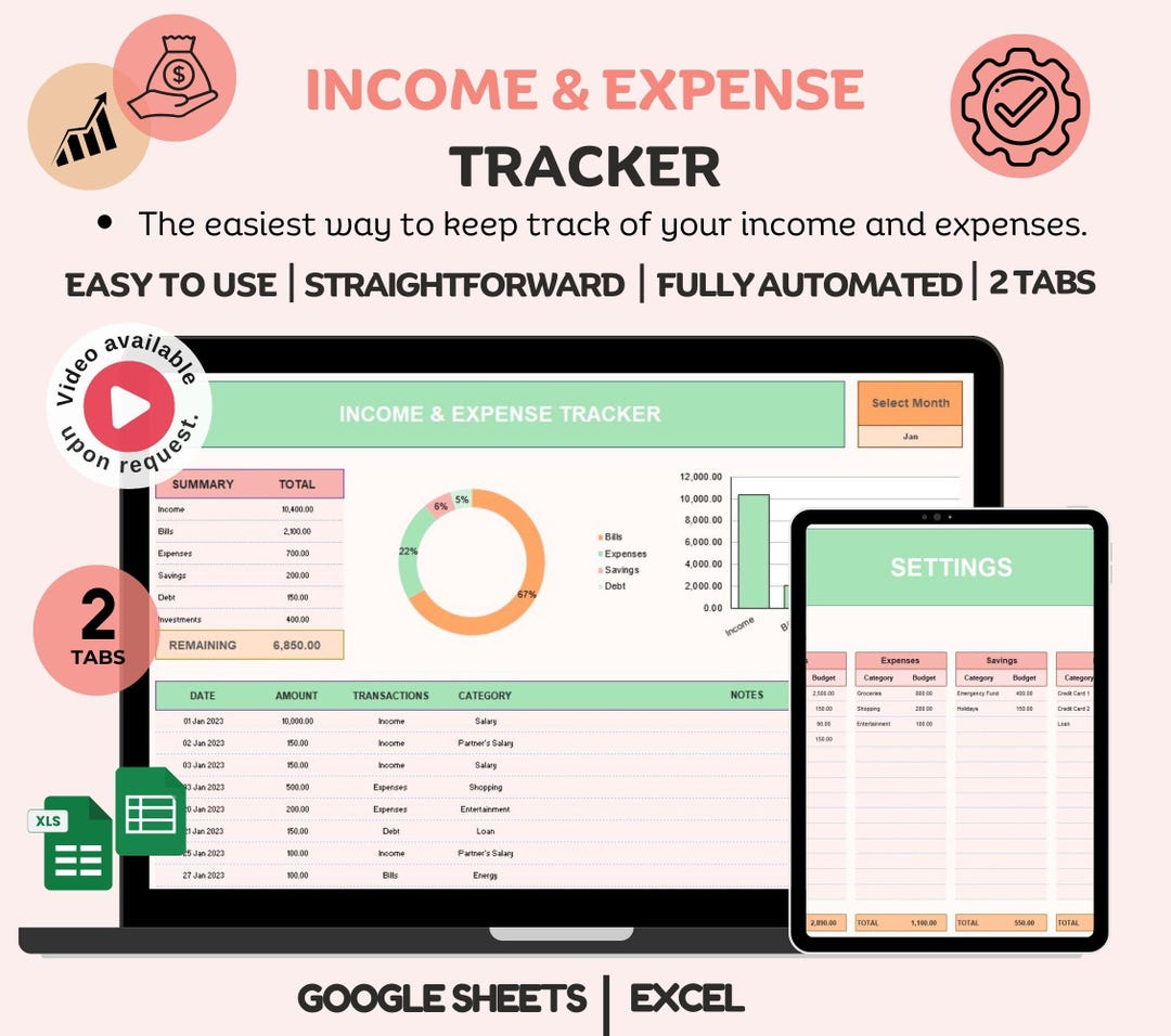 Income Expense Tracker Spreadsheet, Personal Finances Planner Business ...
