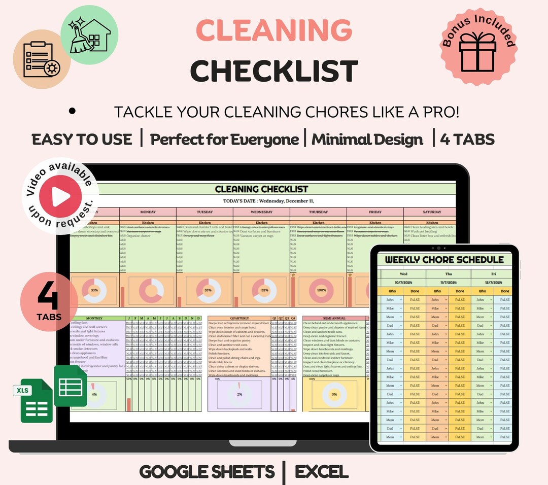 Cleaning Checklist Excel Spreadsheet Google Sheet, Cleaning Schedule ...