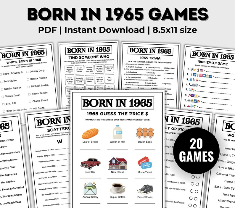 1965 Birthday Party Games Bundle Printable, Born in 1965,60th Birthday ...