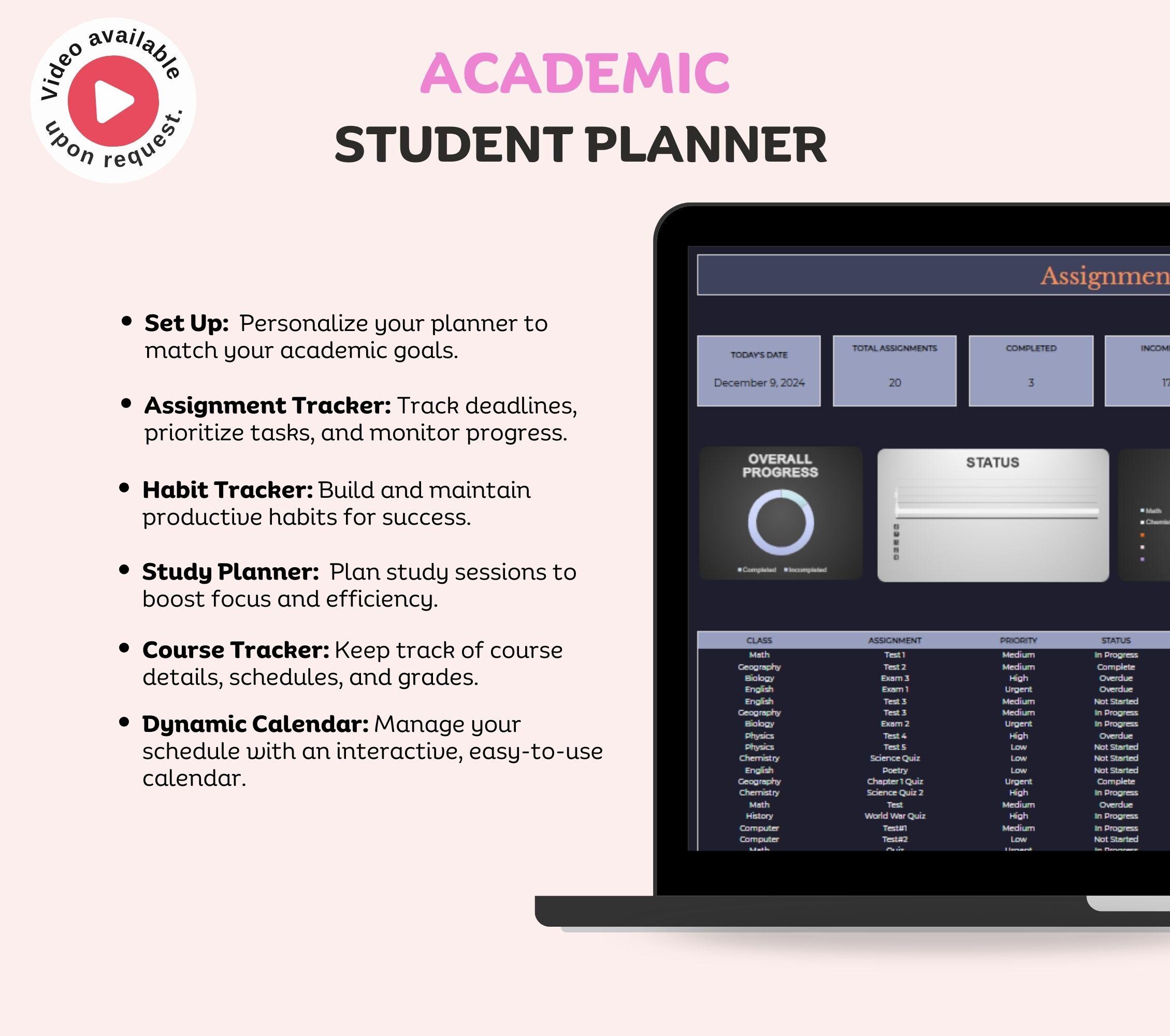 Student Planner Spreadsheet, Assignment Tracker Google Sheet, Academic ...