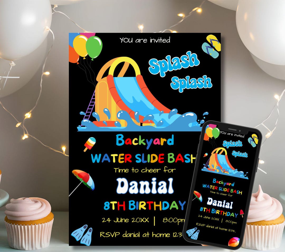 Editable Waterslide Birthday Invitation, Summer Pool Party, Splash ...