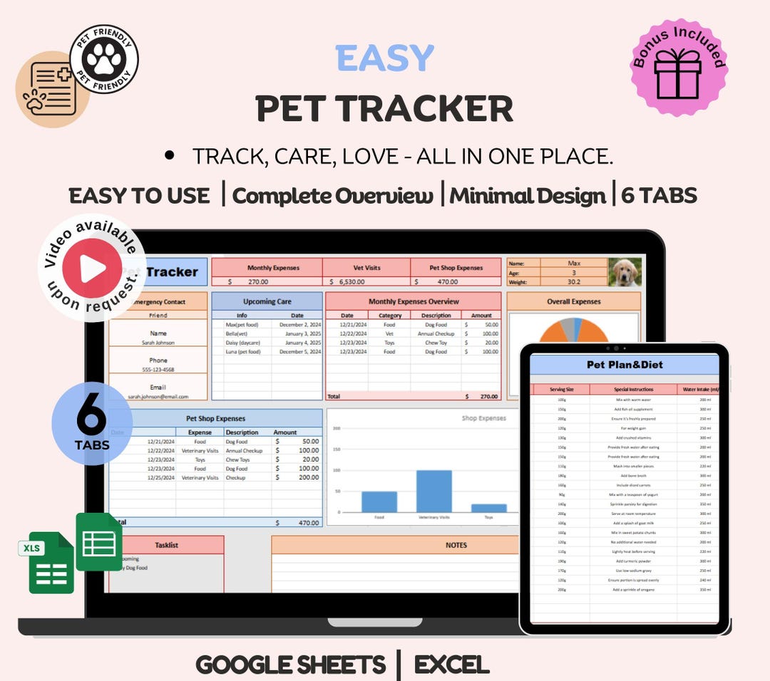 Pet Care Tracker Spreadsheet, Organize Your Pet's Life, Essential for ...