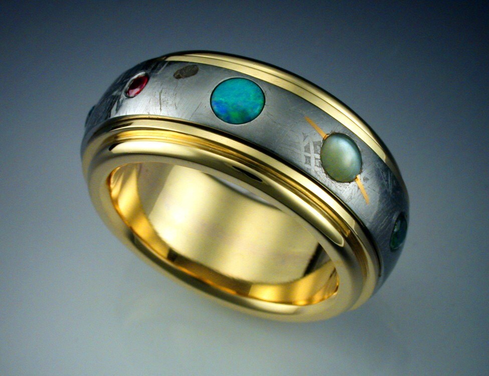 The 9 Planets Ring - 18k Gold, Gibeon Meteorite and 9 Gemstones - Etsy