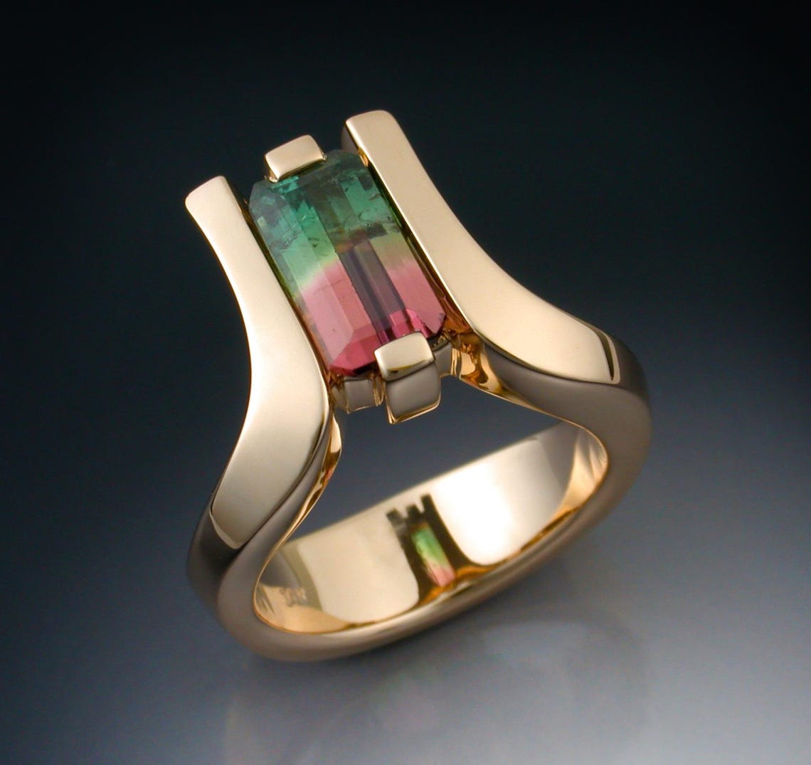 14k Gold Woman's Ring With Watermelon Tourmaline - Etsy