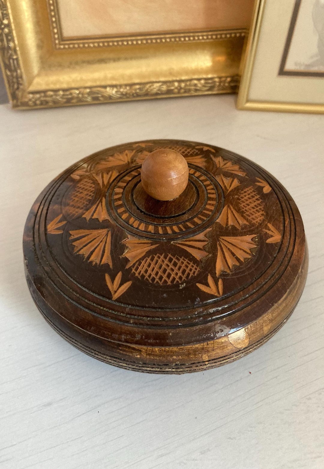 Vintage Carved Wood Trinket Box | Handmade Lidded Circular Box - Etsy