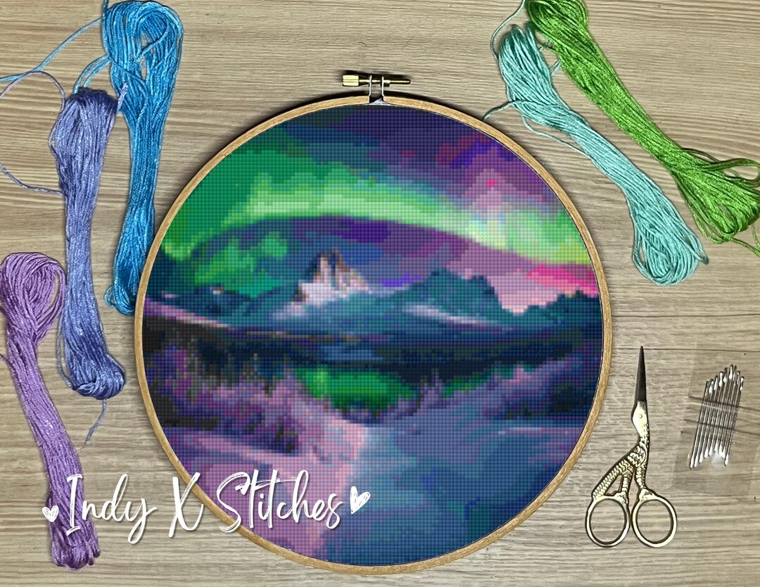 Aurora Northern Lights Snowy Mountain Cross Stitch Pattern Instant PDF ...