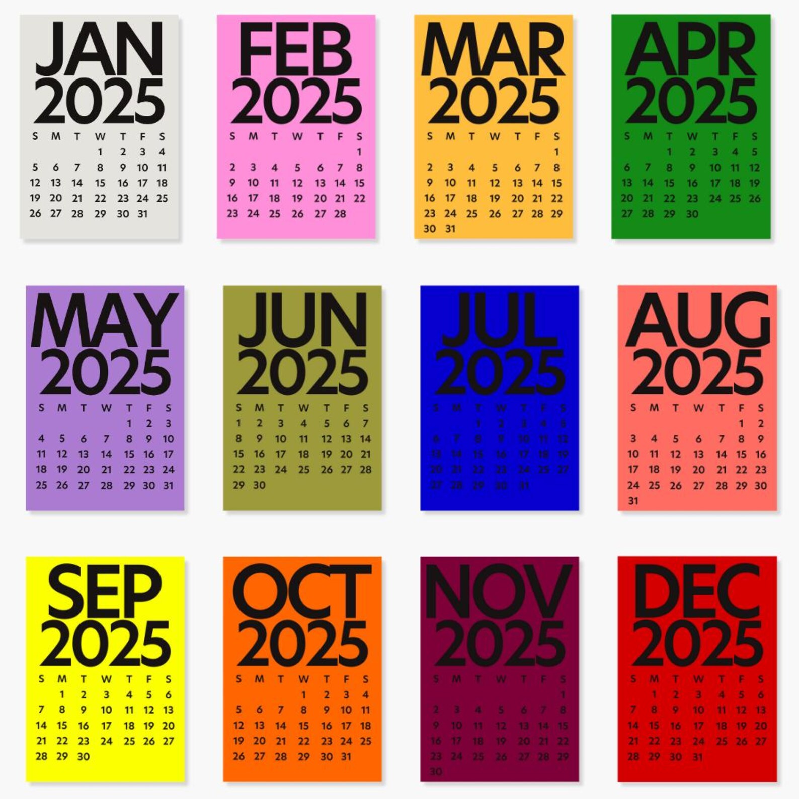 2025 Simple Colorful Printable Calendar | Printable Monthly Planner ...