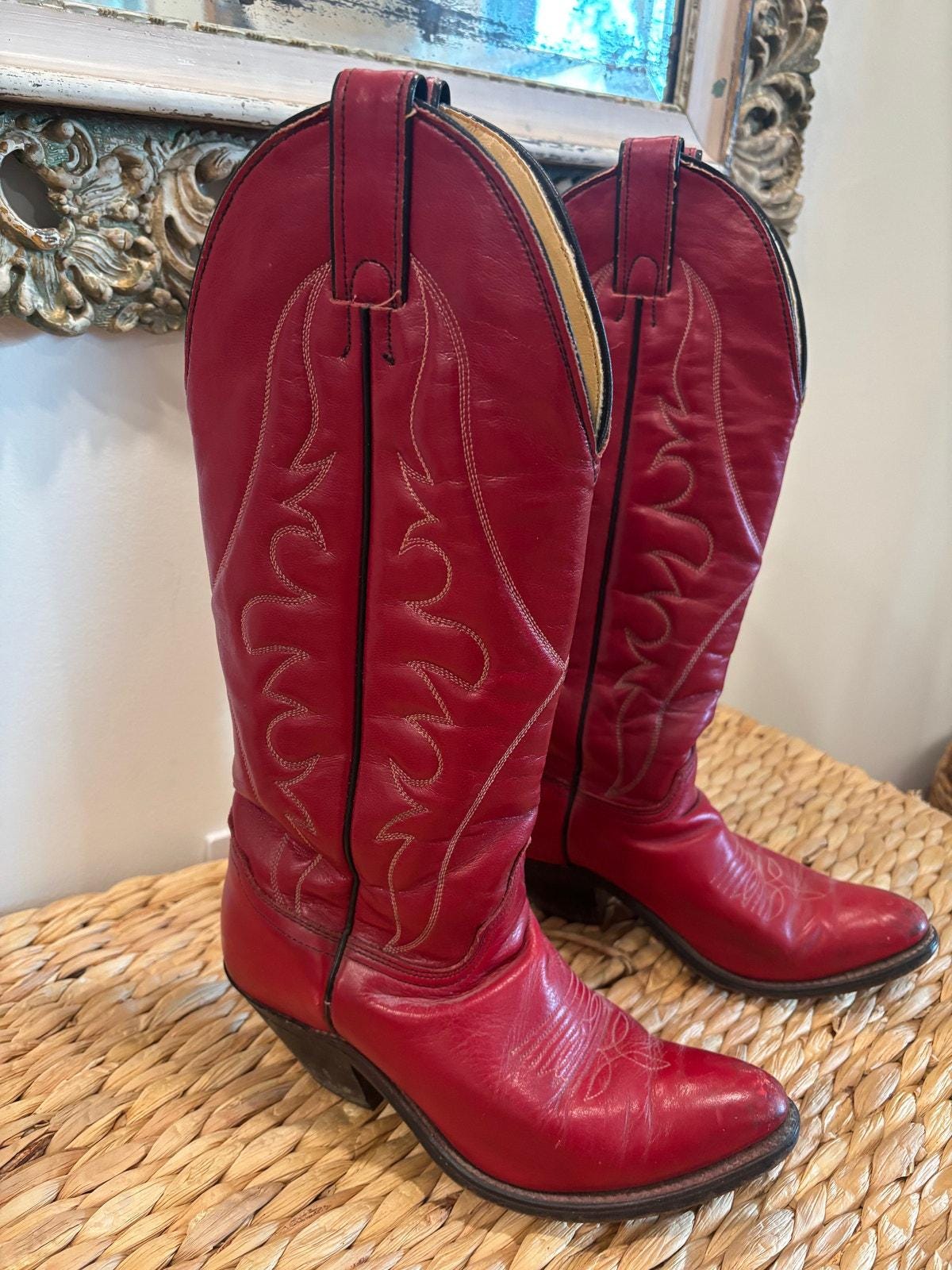 Vintage Leather Vamps Red Cowboy Boots Size 6 - Etsy