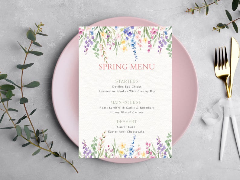 Spring Menu Template | Floral Easter Dinner Menu | Printable & Editable ...