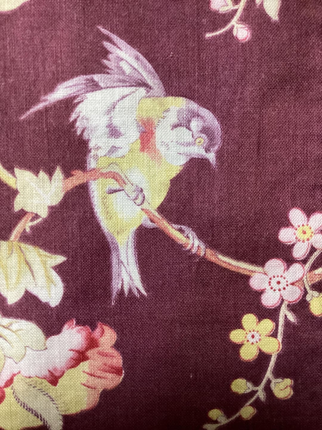 Antique French Medium Weight Cotton Fabric, Floral and Bird Design ...