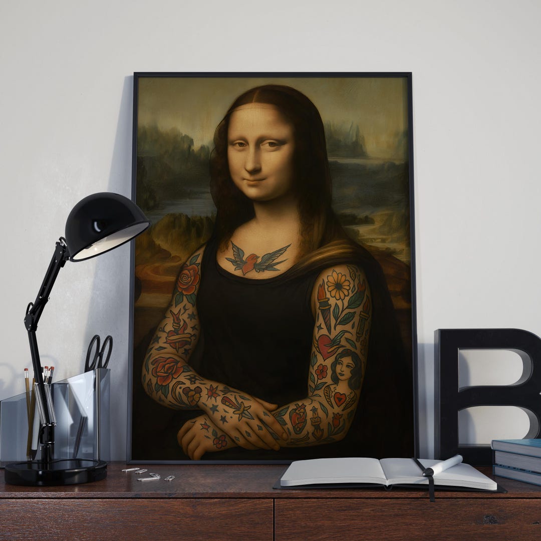 Mona Lisa With Tattoos, Funny Poster, Quirky Wall Art, Tattoo Flash ...