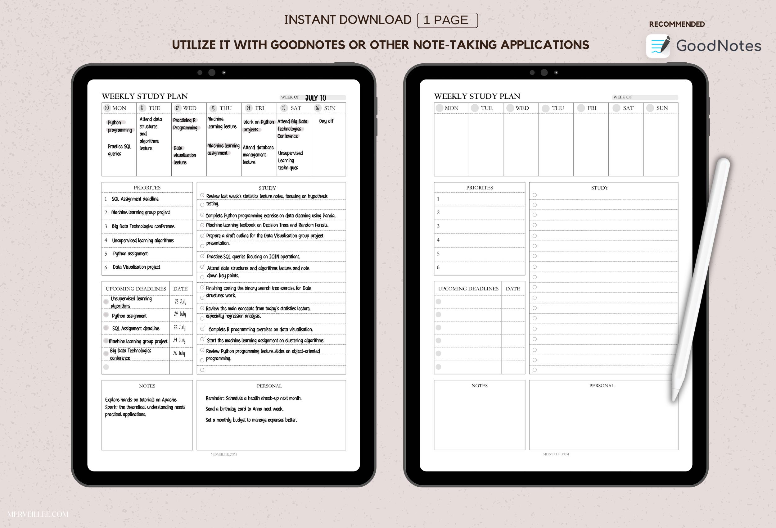 WEEKLY STUDY PLAN | Digital and Printable Planner Pages | Upcoming ...