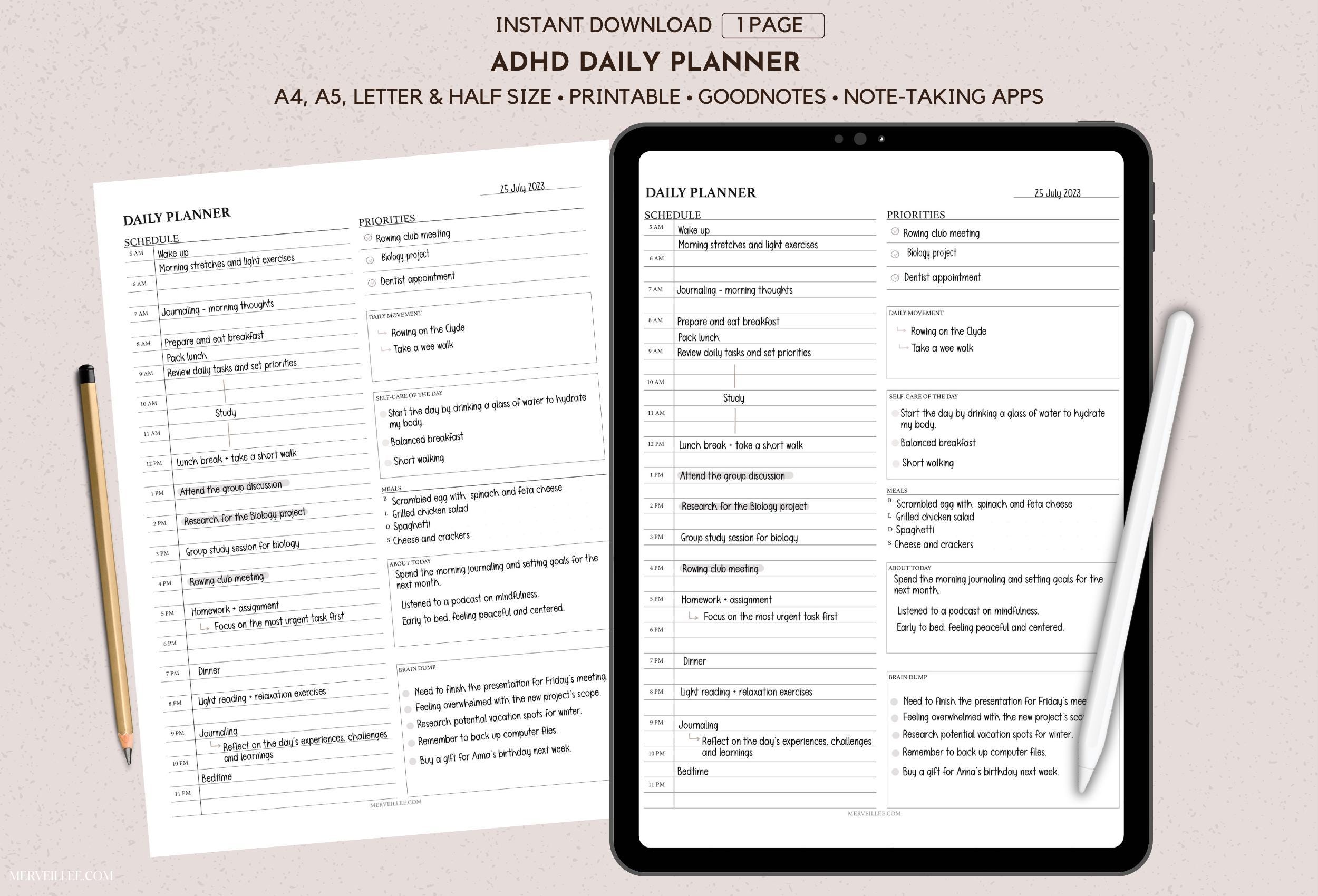 ADHD Daily Planner | Digital and Printable Planner Pages | Productivity ...