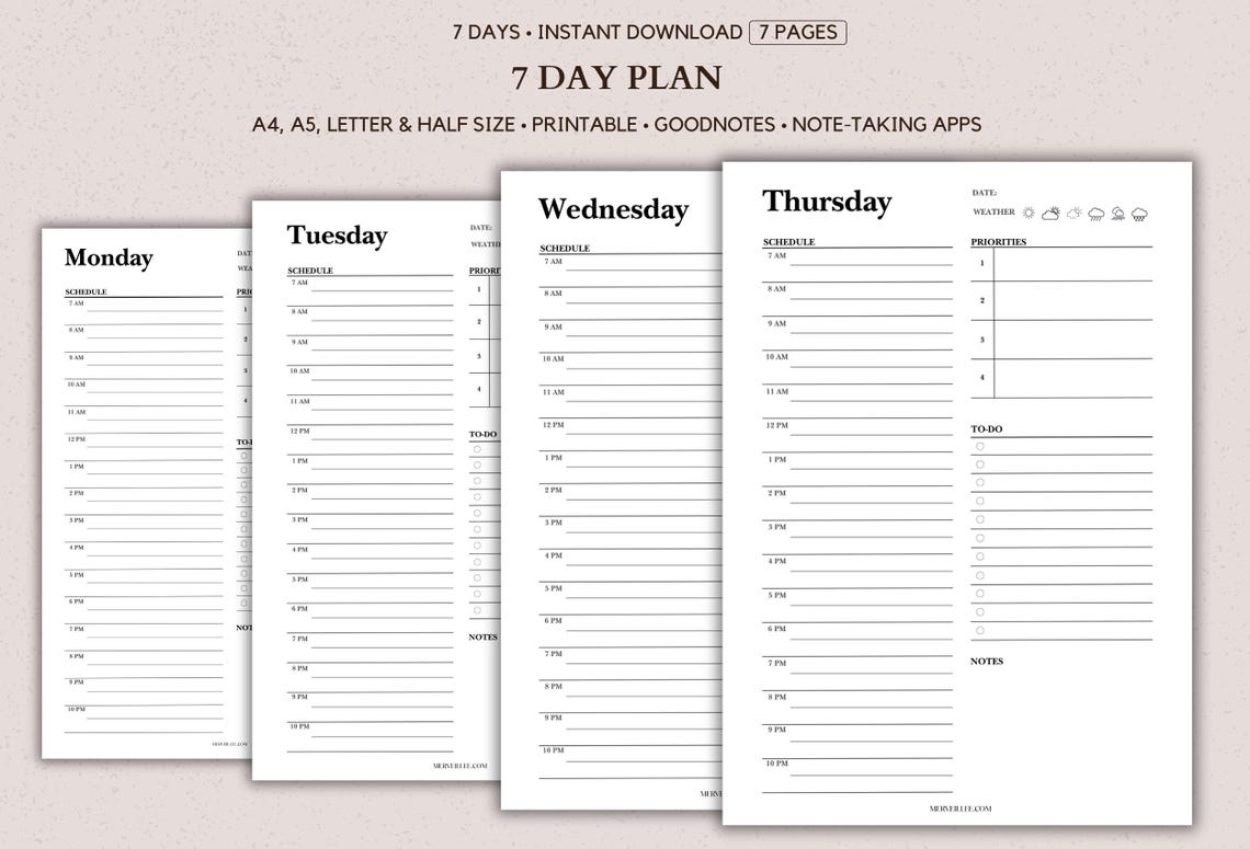 7 Day Plan | 7-day Planner Sheets | Digital and Printable Planner Pages ...