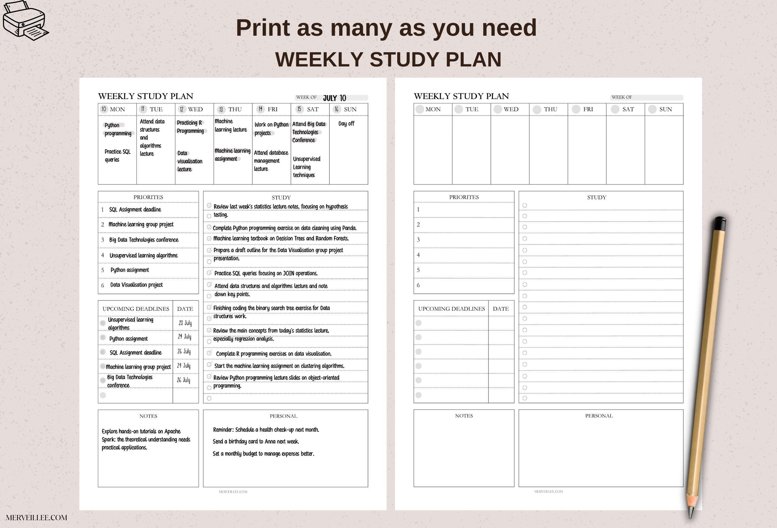 Buy WEEKLY STUDY PLAN | Digital and Printable Planner Pages | Upcoming ...