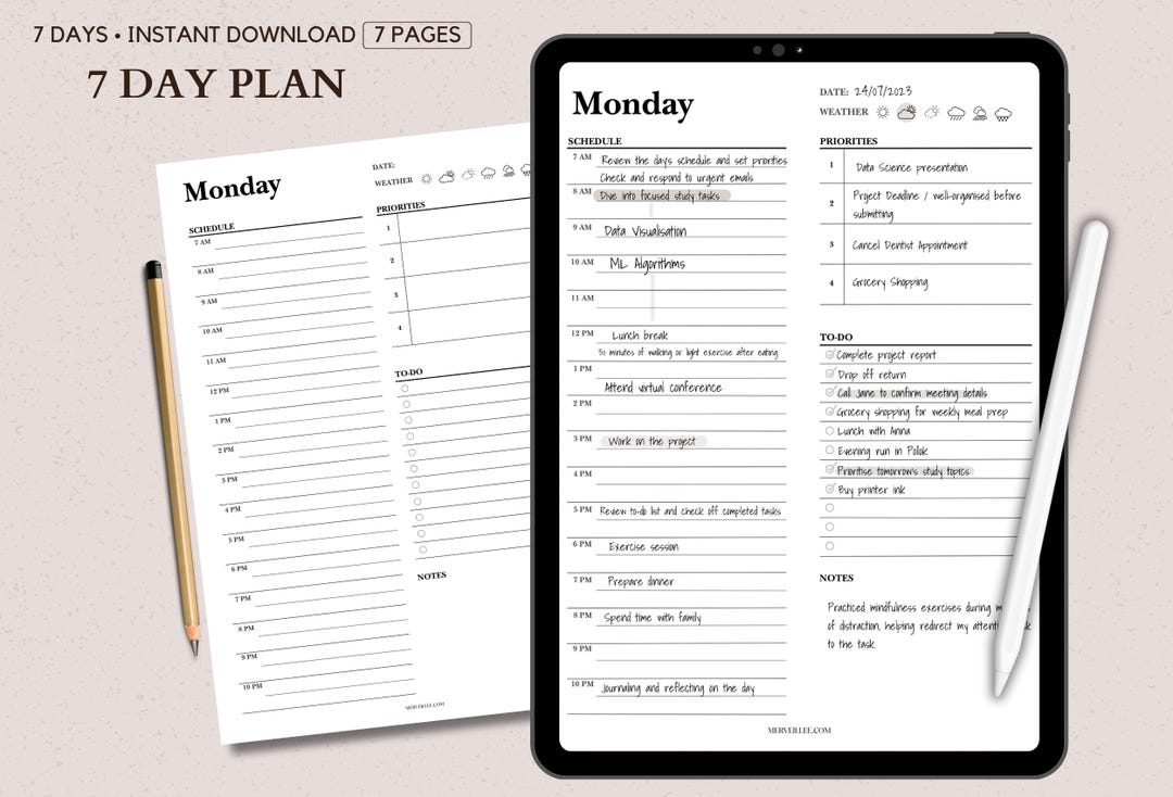 7 Day Plan 7-day Planner Sheets Digital and Printable Planner Pages ...