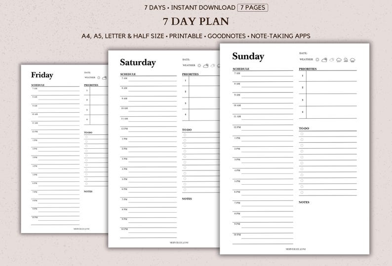 7 Day Plan | 7-day Planner Sheets | Digital and Printable Planner Pages ...
