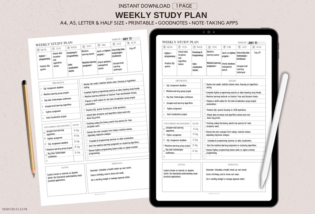 WEEKLY STUDY PLAN | Digital and Printable Planner Pages | Upcoming ...