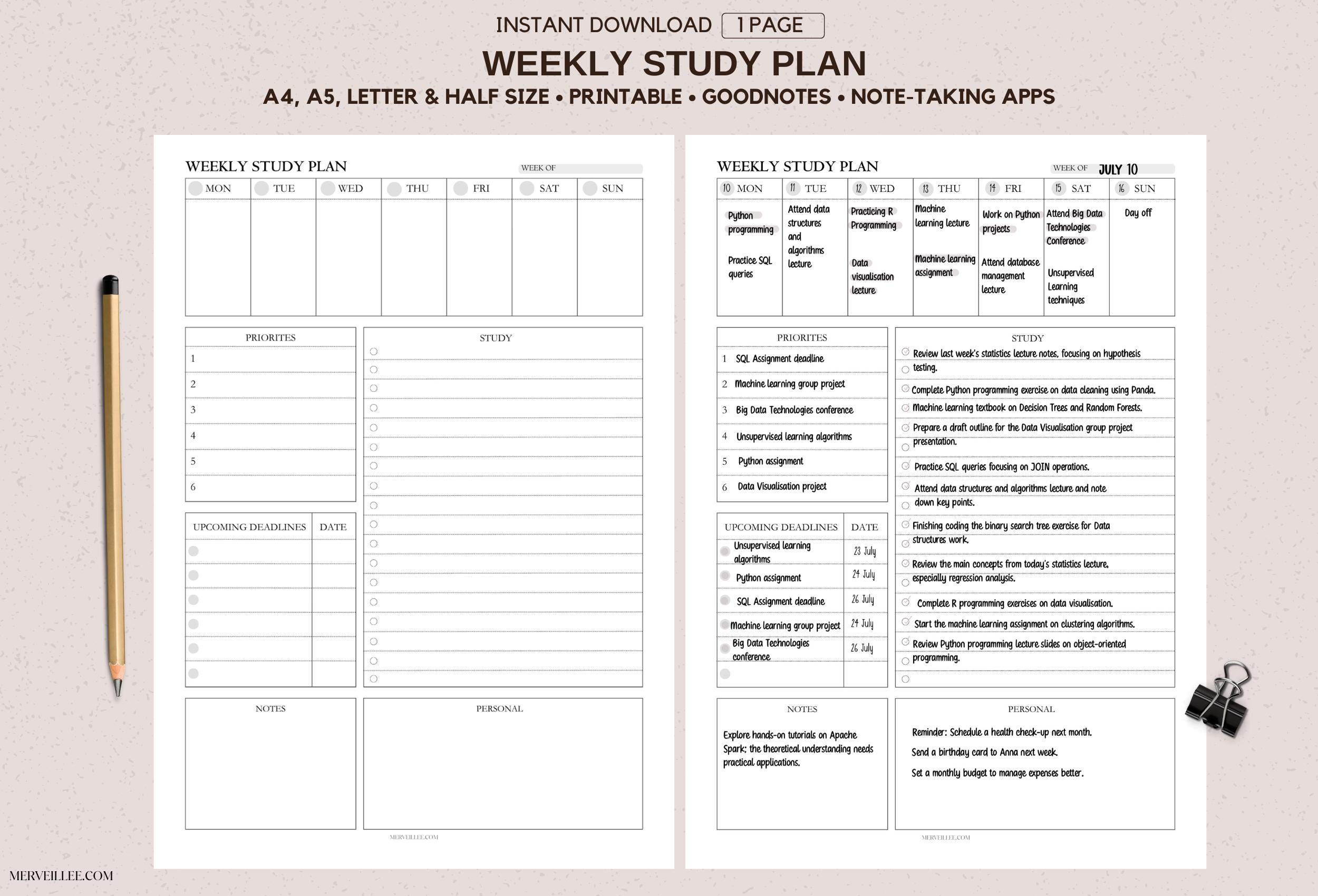WEEKLY STUDY PLAN | Digital and Printable Planner Pages | Upcoming ...