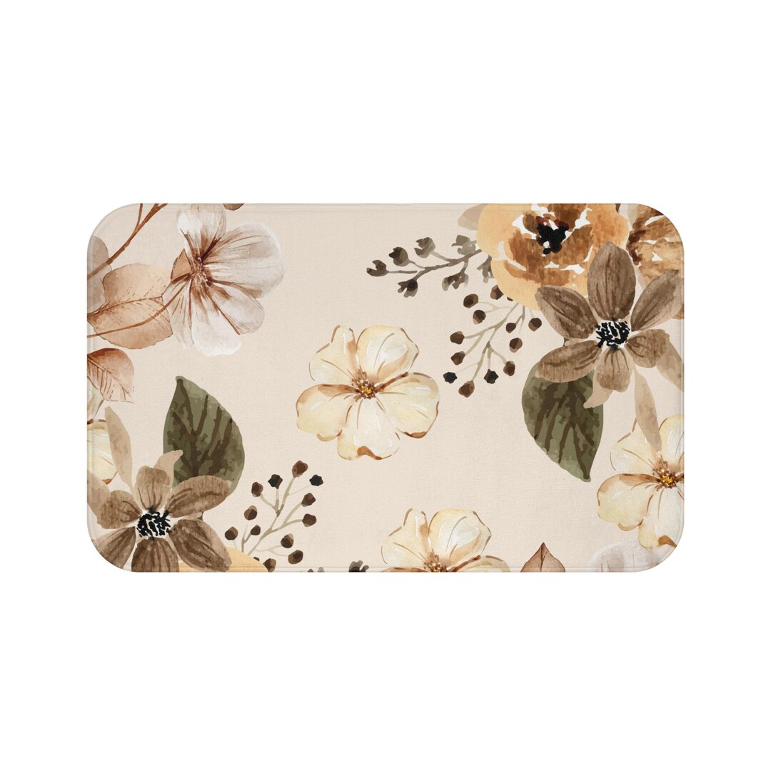 Boho Floral Bath Mat - Muted Tones, Bohemian Bathroom Rug, Vintage ...