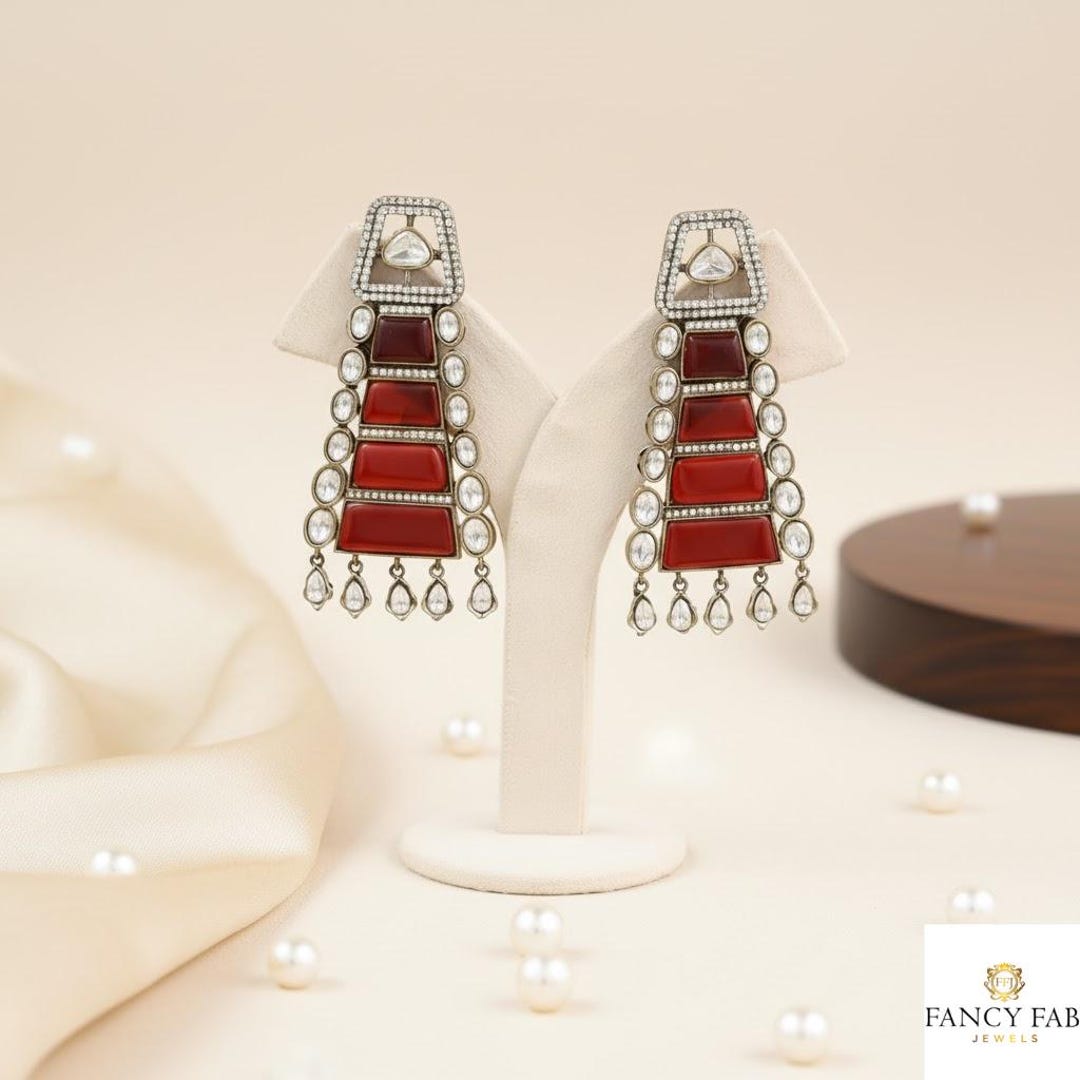 Ruby Red Stone Statement Earrings, Art Deco Crystal Drop Dangle ...