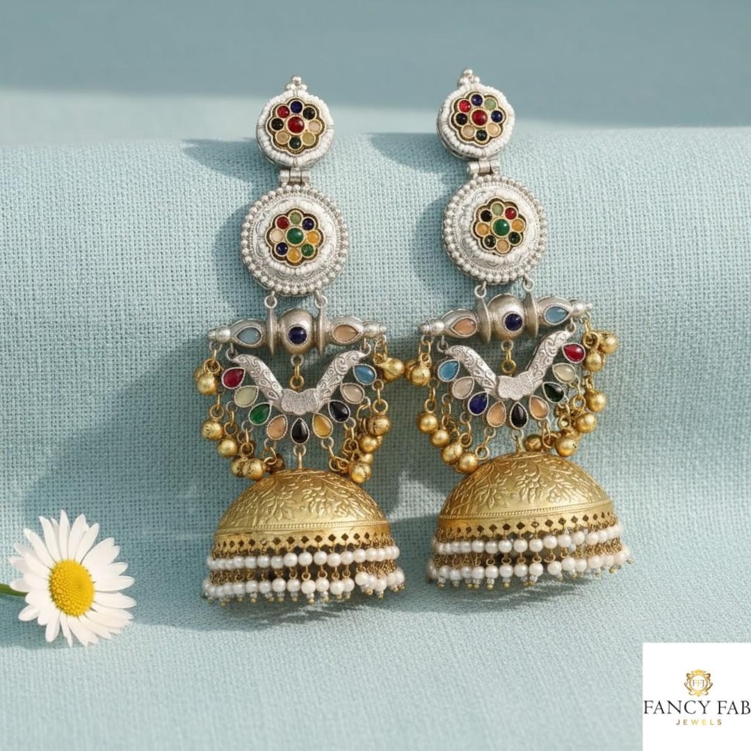 Multicolor Stone Jhumka Earrings | Two Tone Long Jhumki With Pearls ...