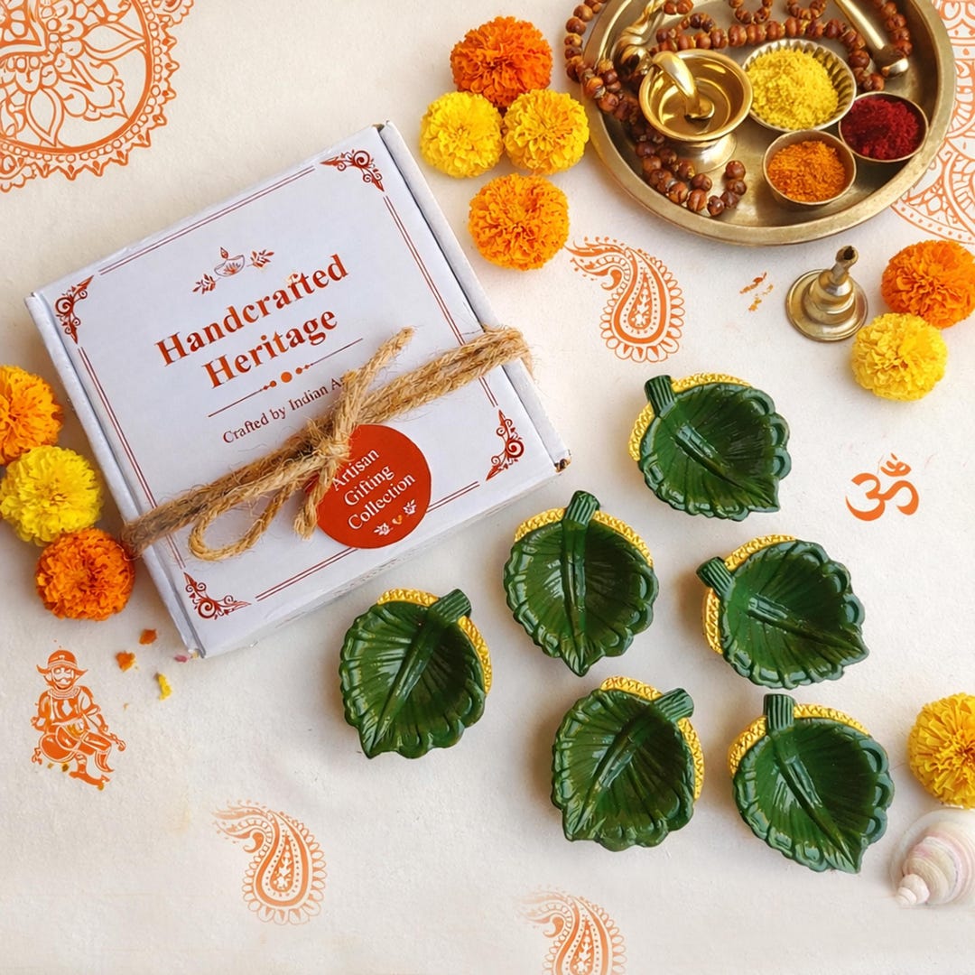 Green Leaf Terracotta Diyas Gift Box, Hand Painted Oil Lamps for Diwali ...