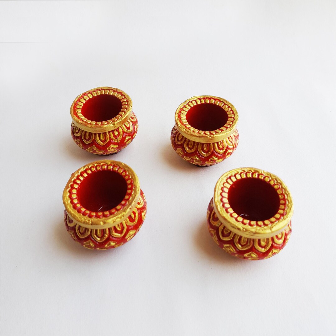 Handcrafted Terracotta Small Kalash Pots, Decorative Red & Gold Pot for ...