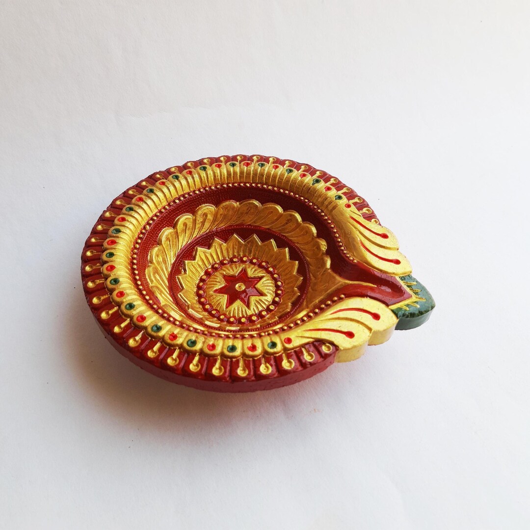 Large Handcrafted Terracotta Gold Diya: Clay Oil Lamp for Puja Room ...