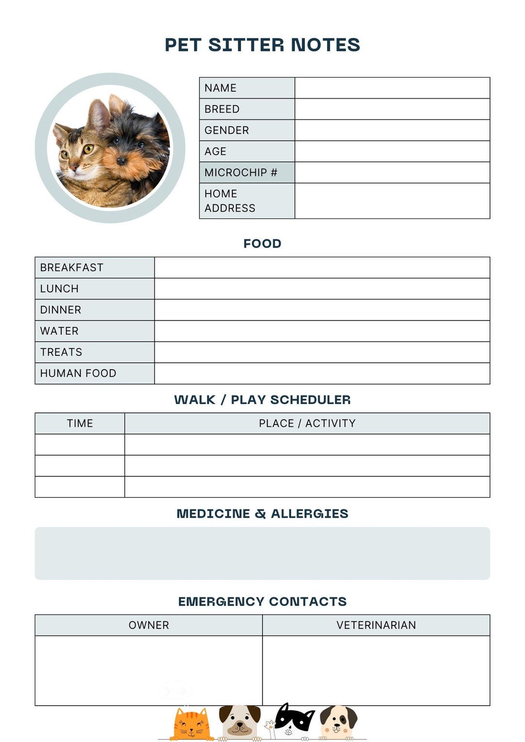 Editable Pet Sitter Notes Template - Printable Pet Care Instructions ...