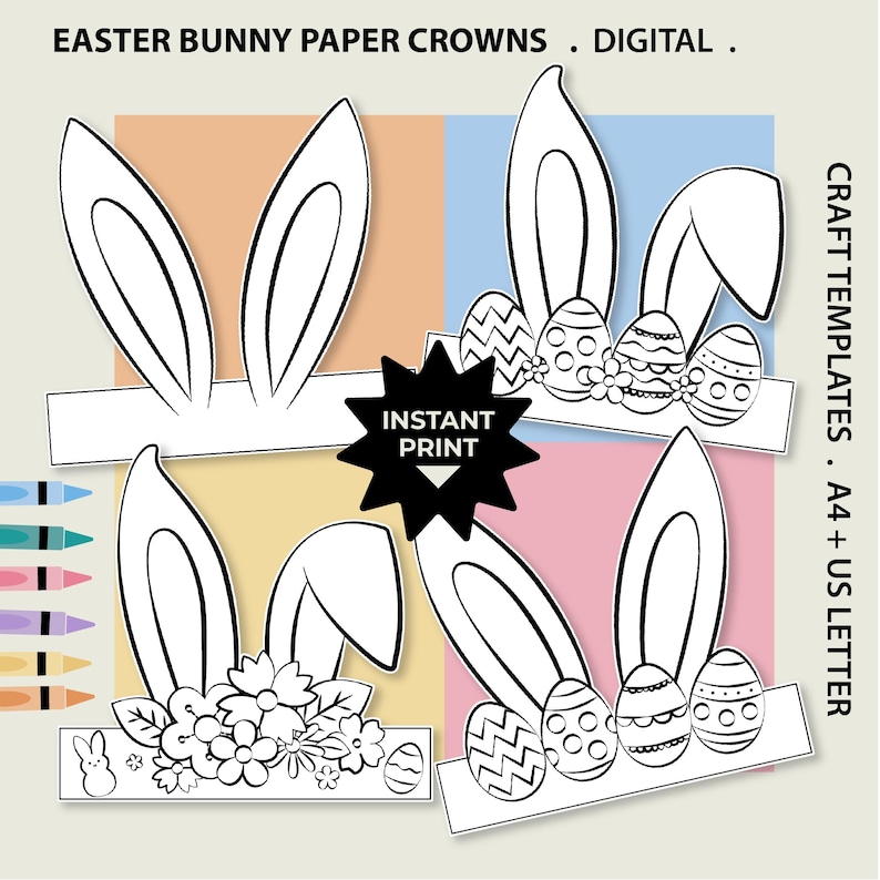 6 Easter Bunny Ears Printable | Kids Paper Crown Craft | Cut Color and ...