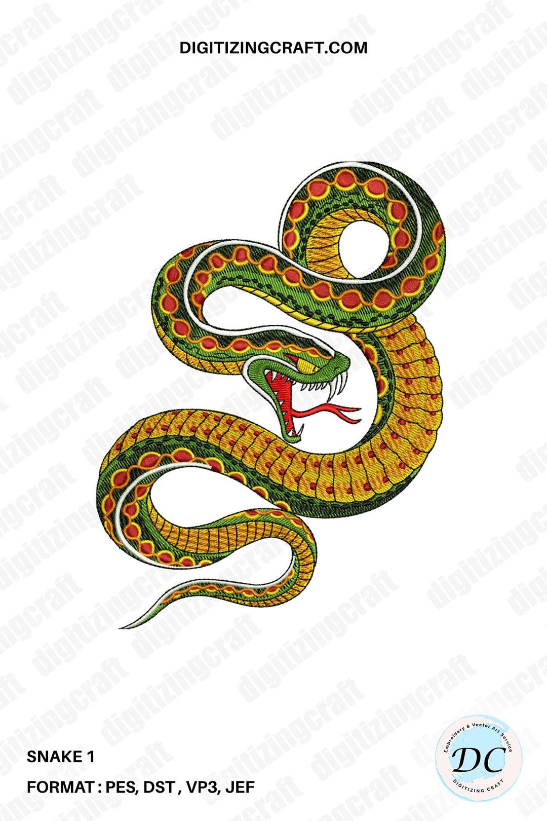 Snake Embroidery Design File,green and Yellow Snake,cartoon Snake ...