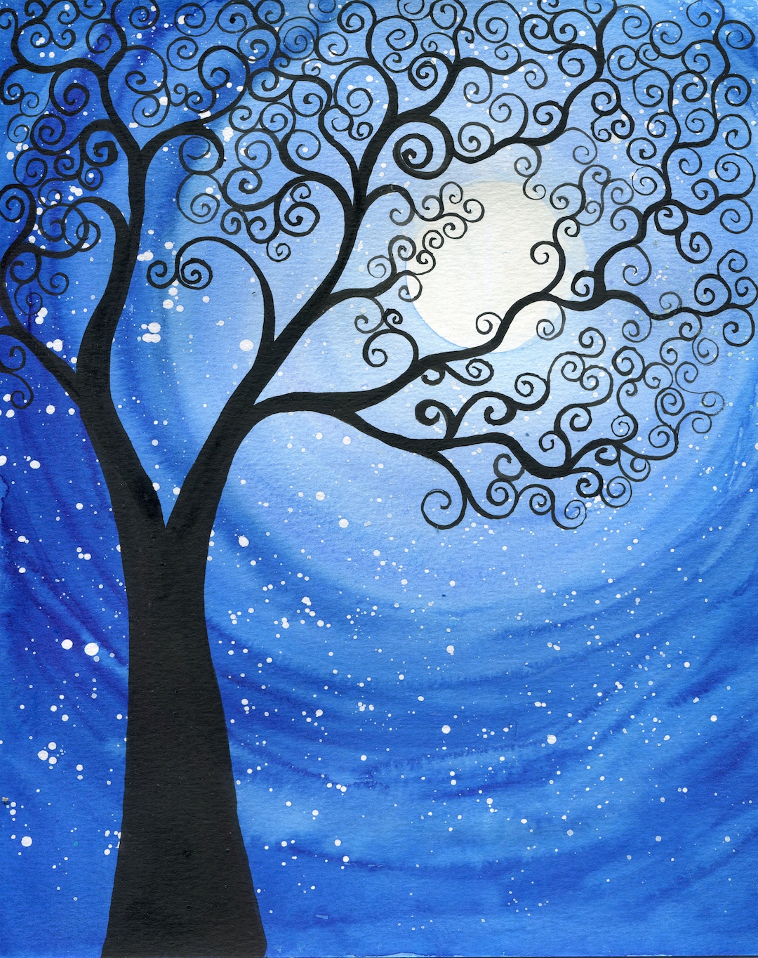 Moonlit Tree - Original Watercolour Painting Night Sky Tree Silhouette ...