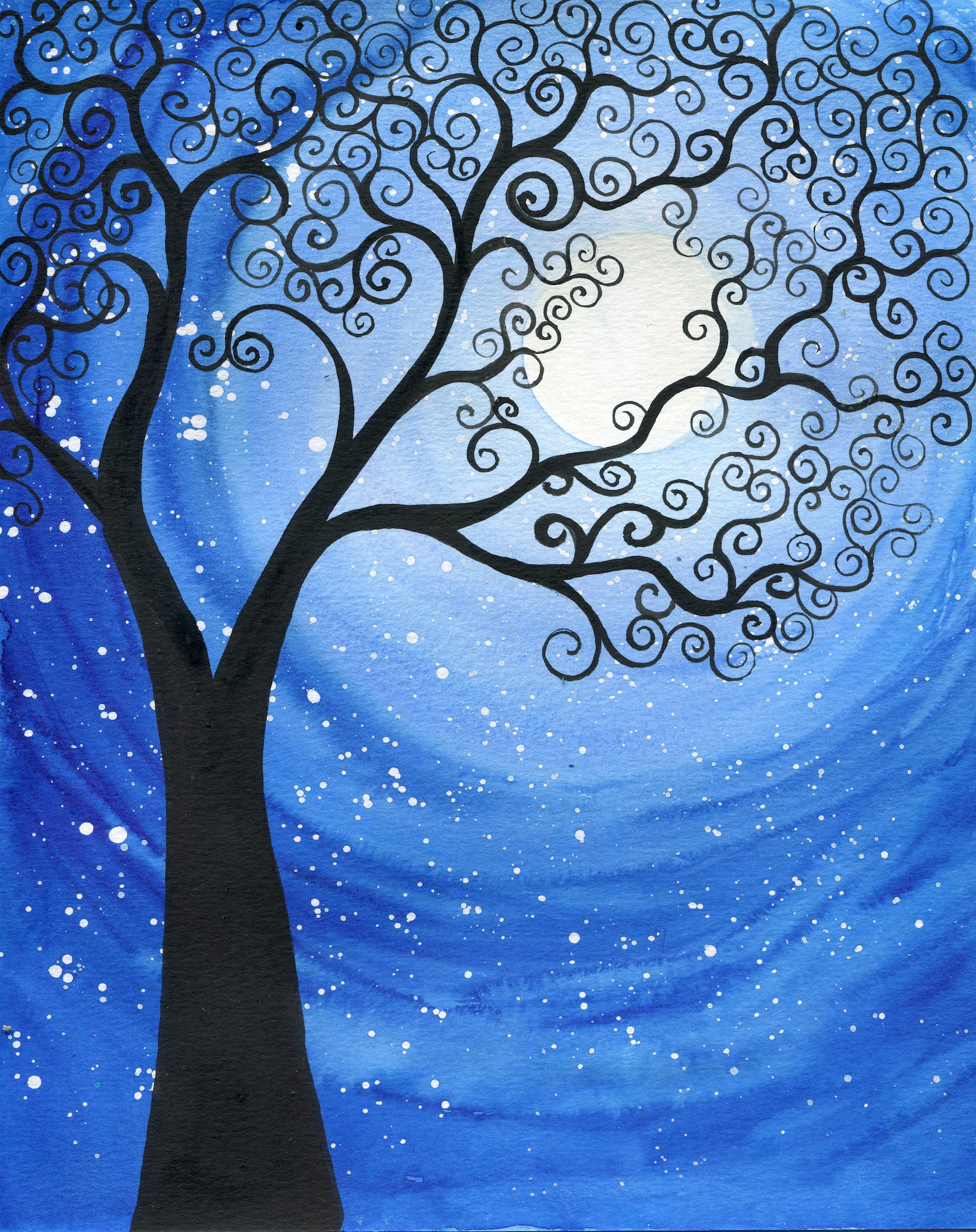 Moonlit Tree - Original Watercolour Painting Night Sky Tree Silhouette ...