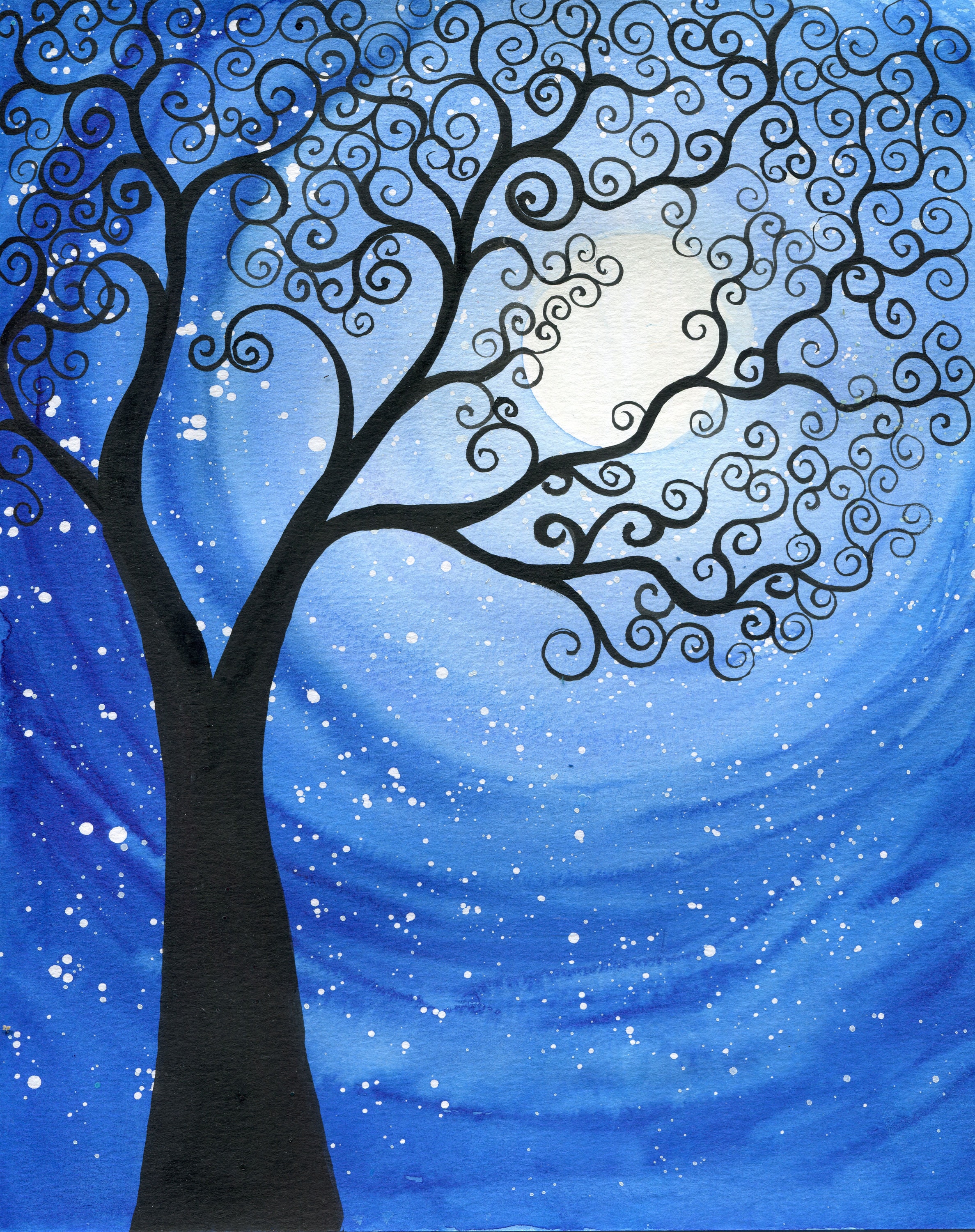 Moonlit Tree - Original Watercolour Painting Night Sky Tree Silhouette ...